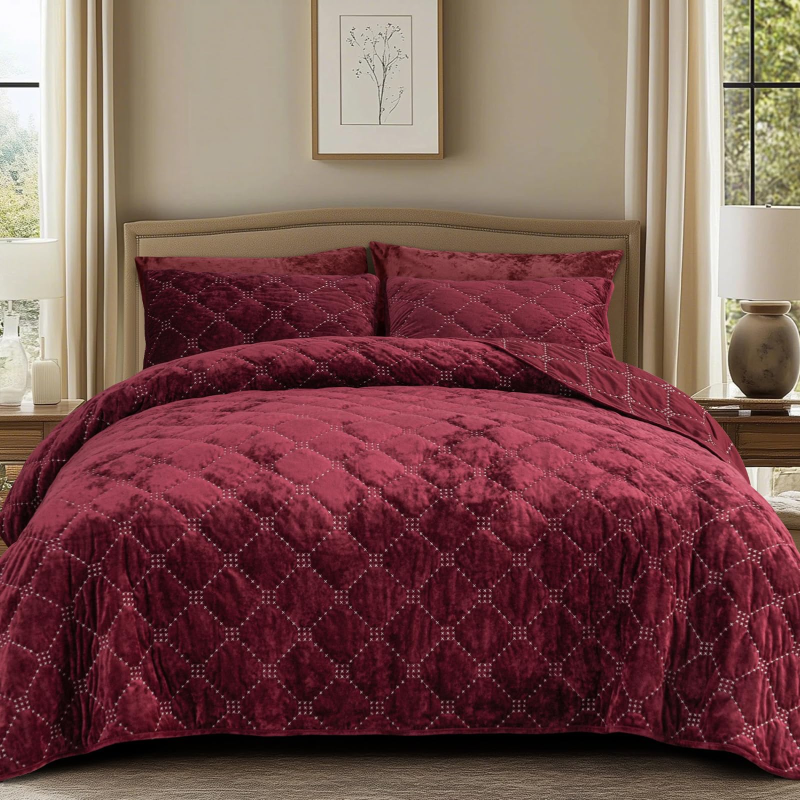 Amazon.com: PHF Luxury Velvet Quilt Set Queen Size, Lightweight Velvet ...