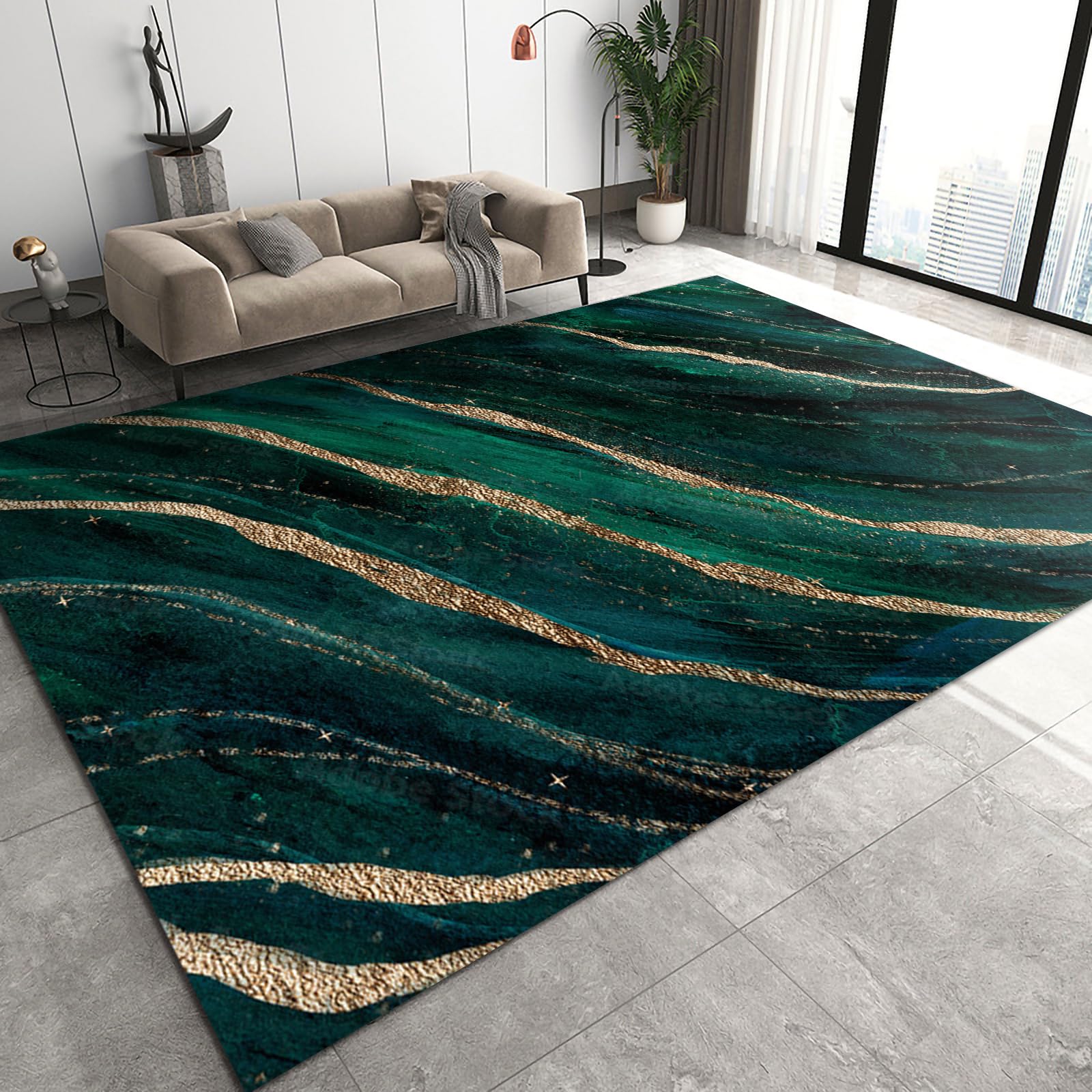 FIEMAR Dark Green Abstract Area Rug, Gold Leaf Line Art Indoor Rug ...