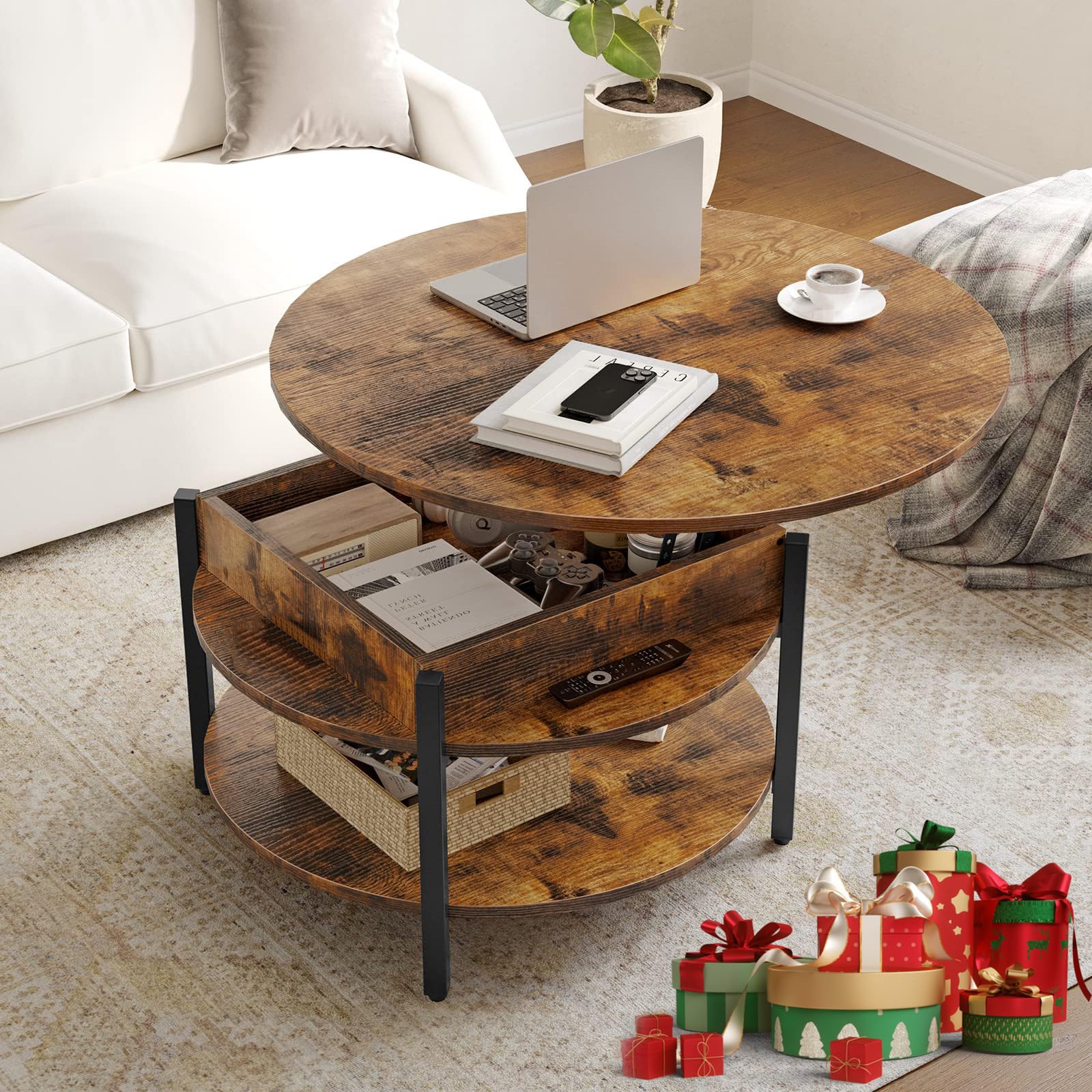 Amazon.com: CLATINA Round Lift Top Coffee Table, Farmhouse Wooden Round ...