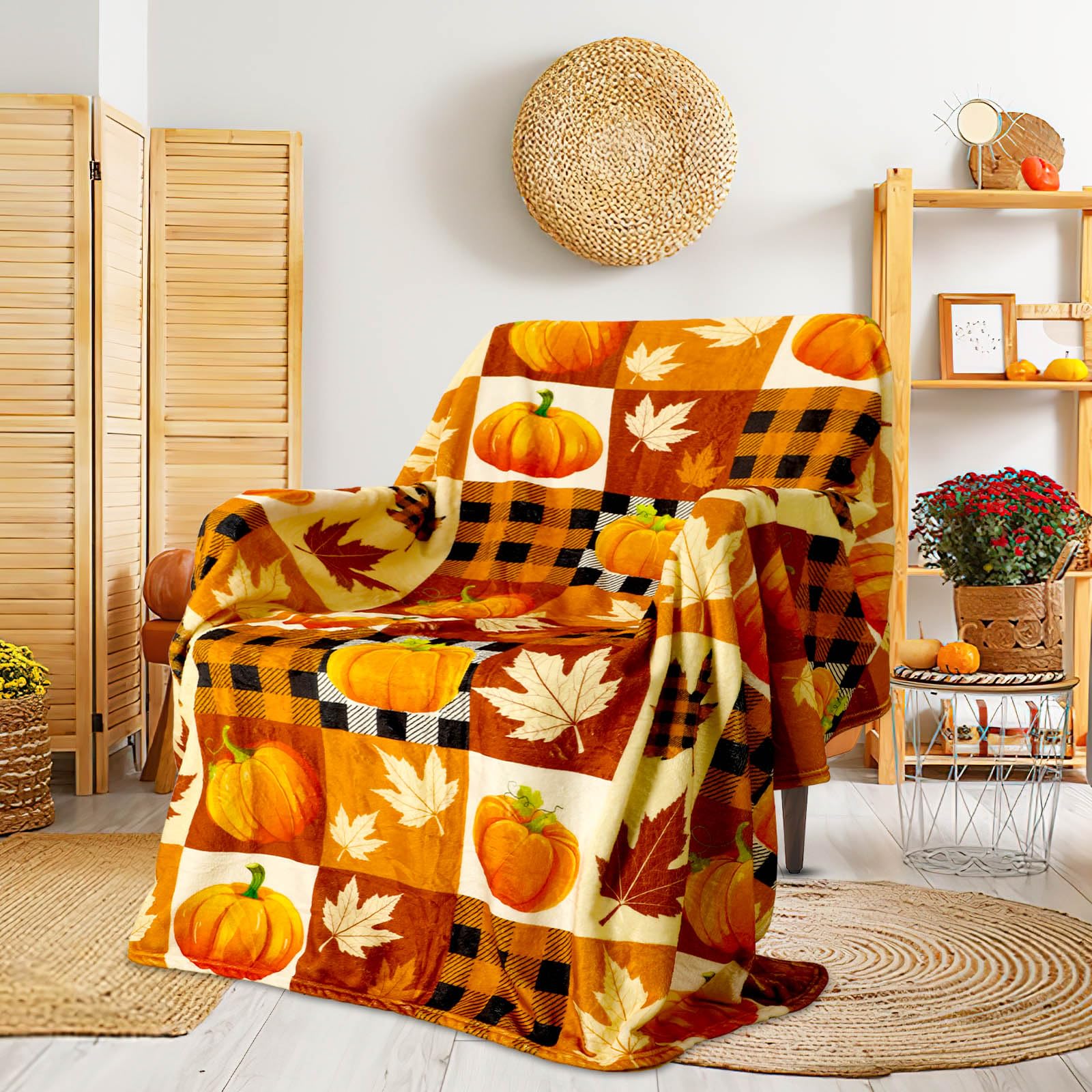 Amazon.com: Jansun Fall Throw Blanket, Pumpkin Leaf Fall Plaid Throw ...