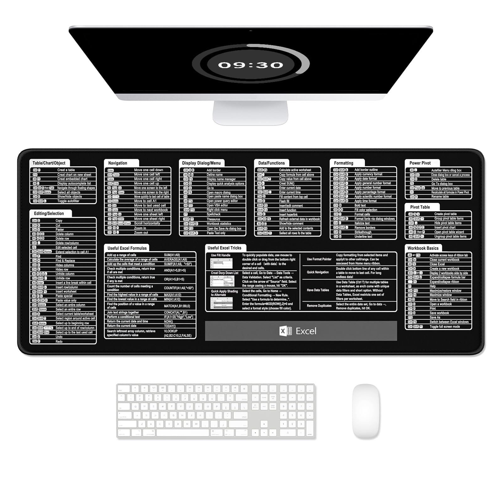 Excel Shortcut Keys Mouse Pad, Large Extended XL XXL Cheat Sheet Gaming ...