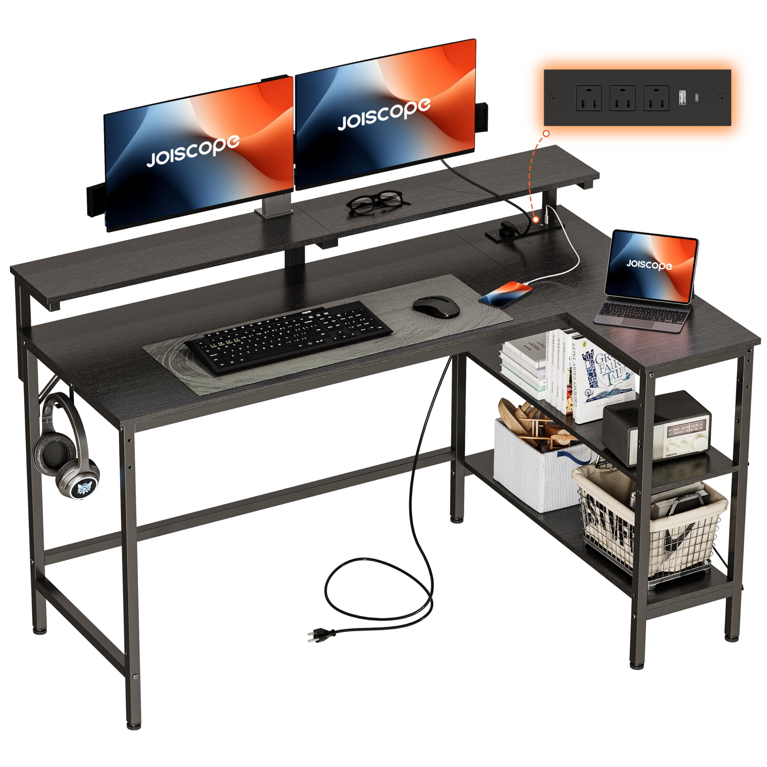 JOISCOPE L Shaped Gaming Desk with Shelves and Display Riser, Corner ...