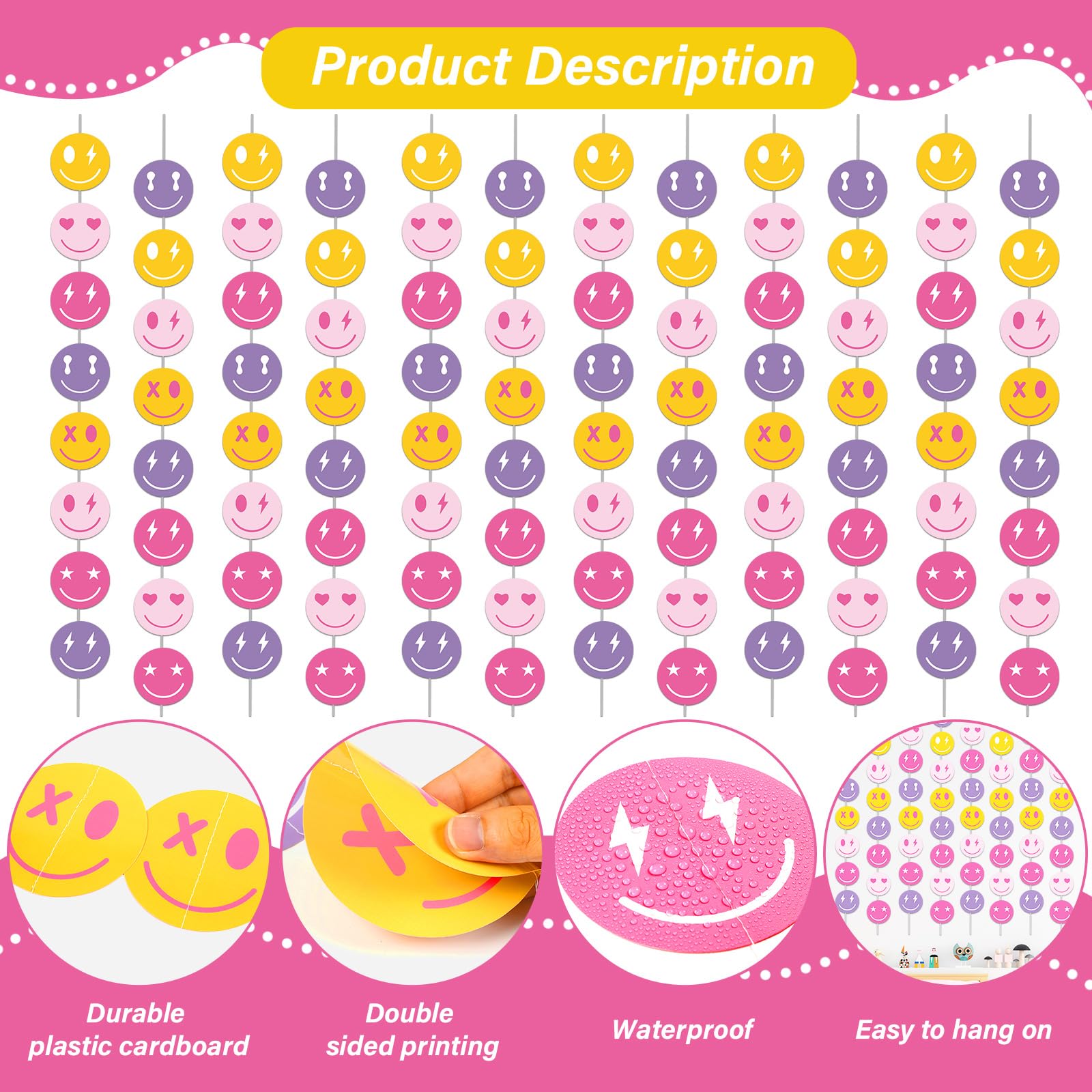 Snapklik.com : 12 PCS Preppy Birthday Banners Pink Happy Face Hanging ...