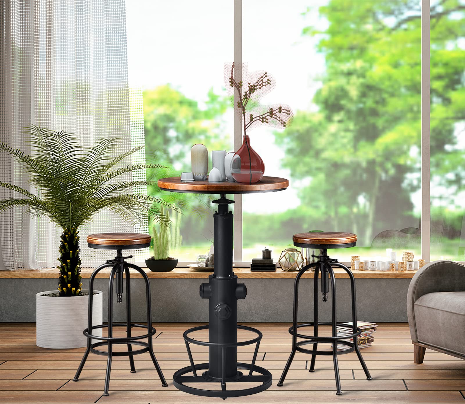 LOKKHAN Industrial Bar Table 38.6"-48.4" Height Adjustable Swivel Round ...