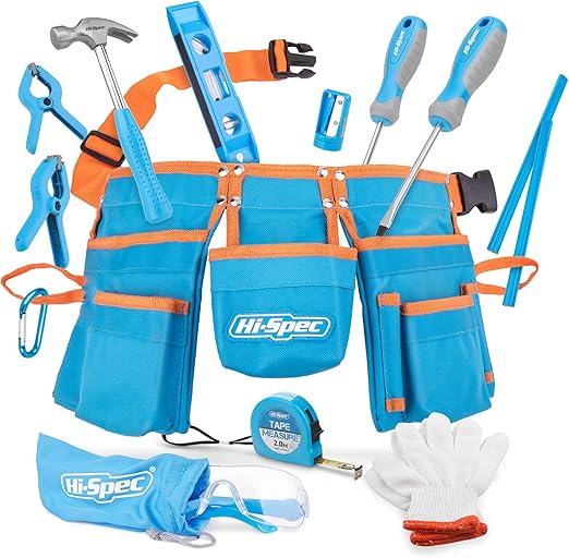 Hi-Spec 16 Piece Blue Kids Tool Kit Set & Child Size Tool Belt. Real ...