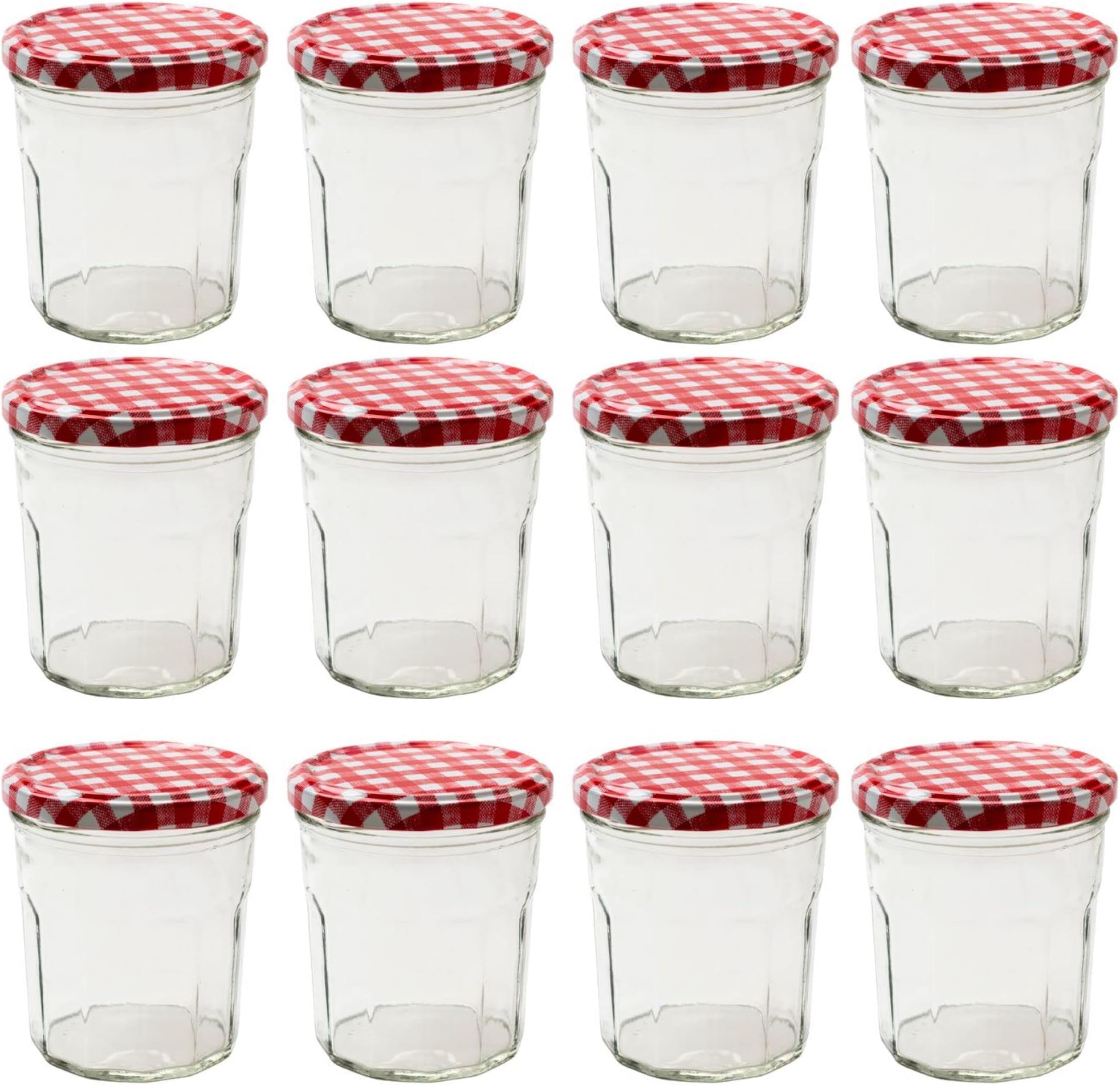 12 Wide Mouth Jam Jars & Red Gingham Lids, 324ml (10oz) : Amazon.co.uk ...