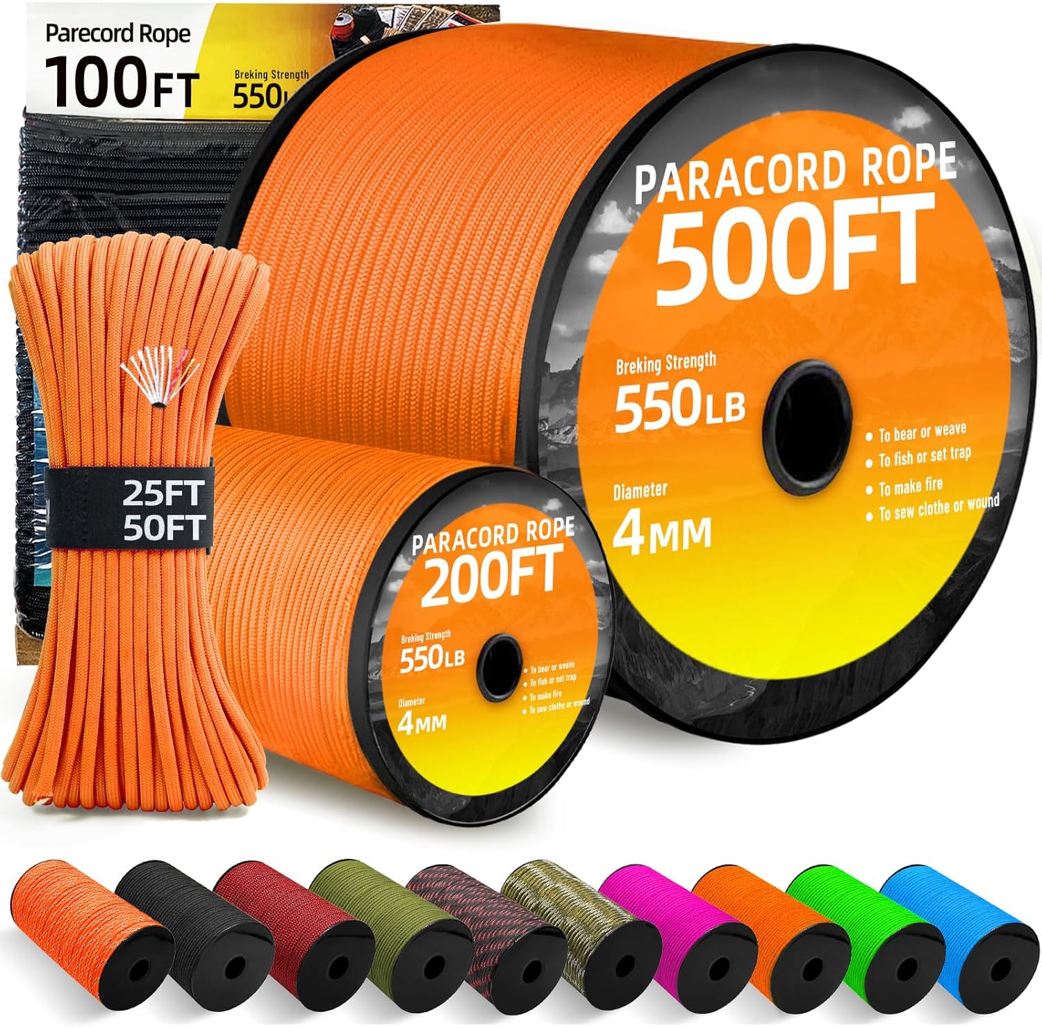 4-in-1 100ft 550 Paracord 550 Fire Cord Paracord 10 Strand, 5/32 ...