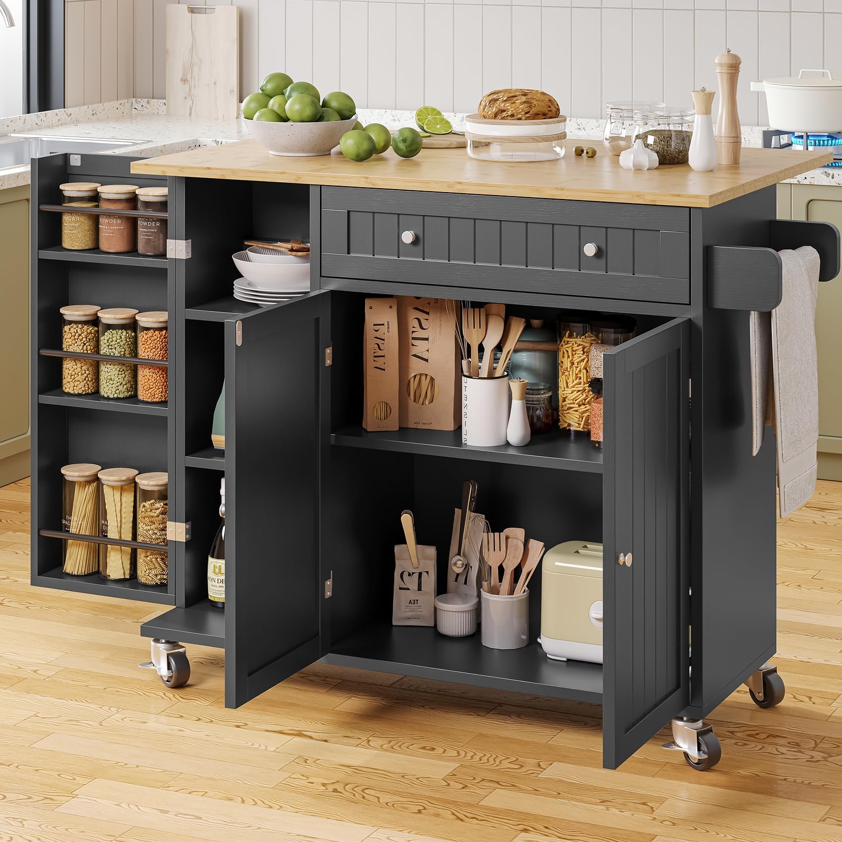 Amazon.com: Kitchen Island with Drop Leaf, Island Table on Wheels with ...