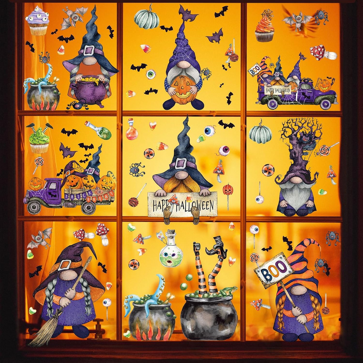 Hianjoo 73 PCS Halloween Gnome Window Clings, 9 Sheets Double Side ...