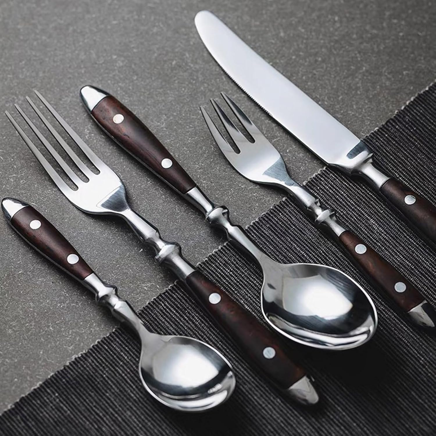 Amazon.com: Brown Gum Wood Handle Silverware Set for 10, Imitation Wood ...