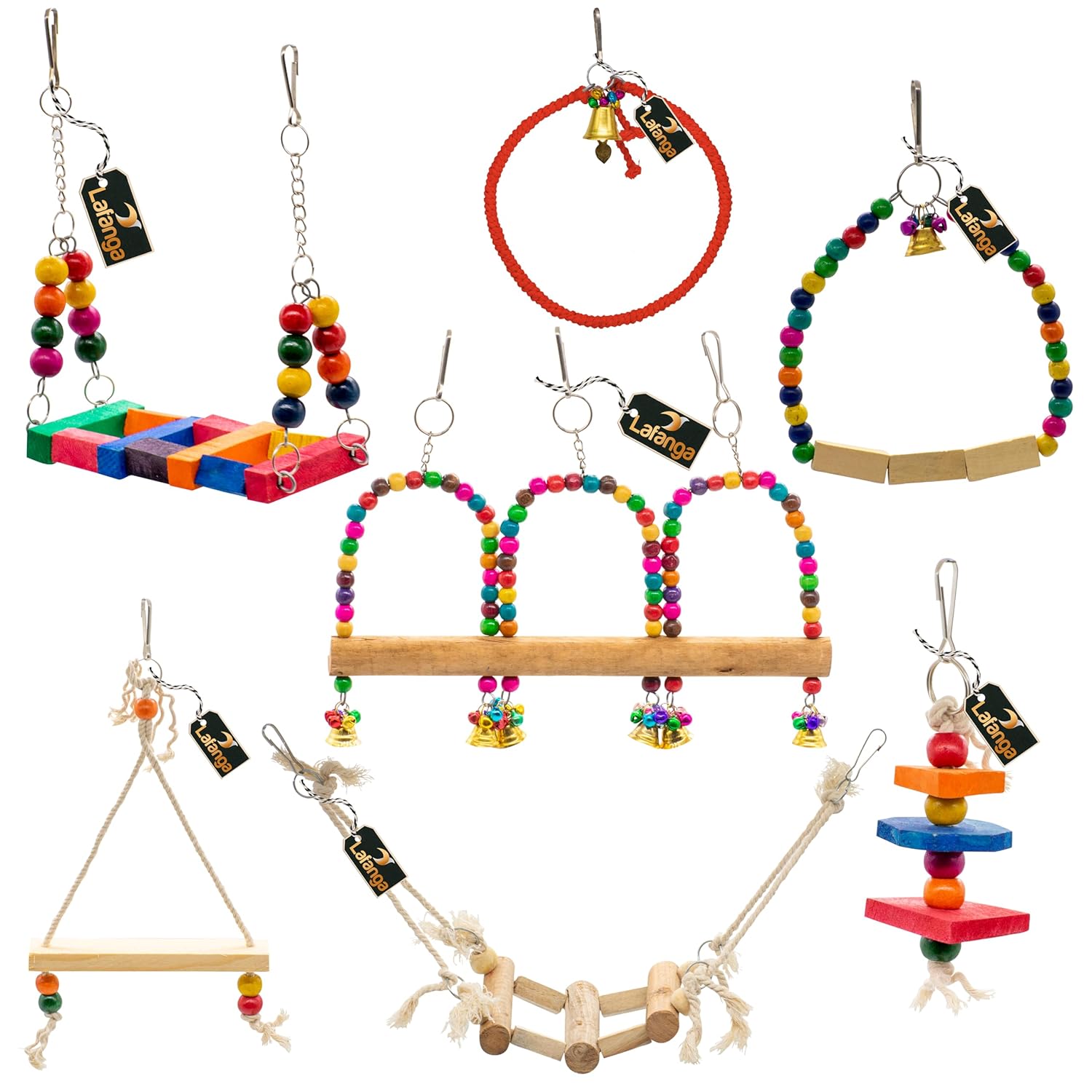 LAFANGA Bundle of 7 Wooden Bird Toys, Swings, Perches for Small and ...