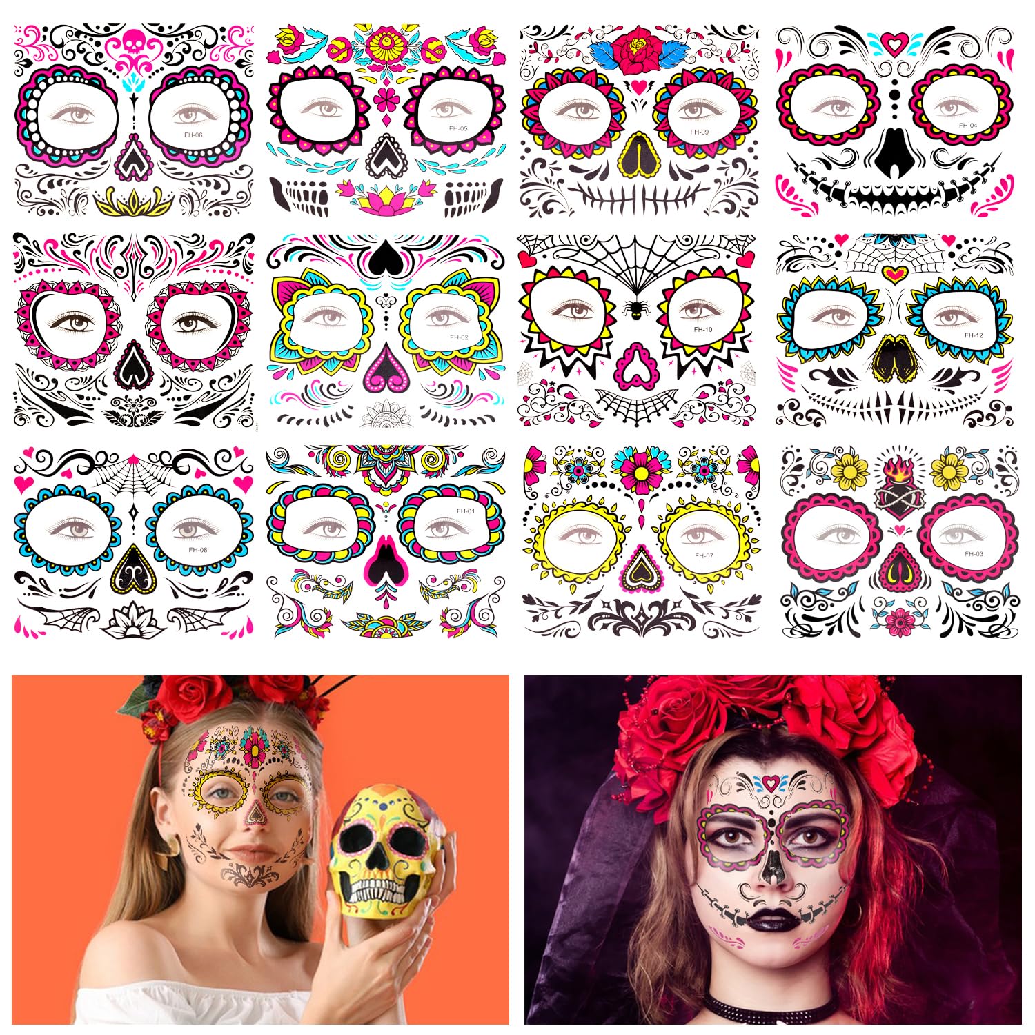 Amazon.com : Day of the Dead Face Tattoos, 12 Sheet Halloween Temporary ...
