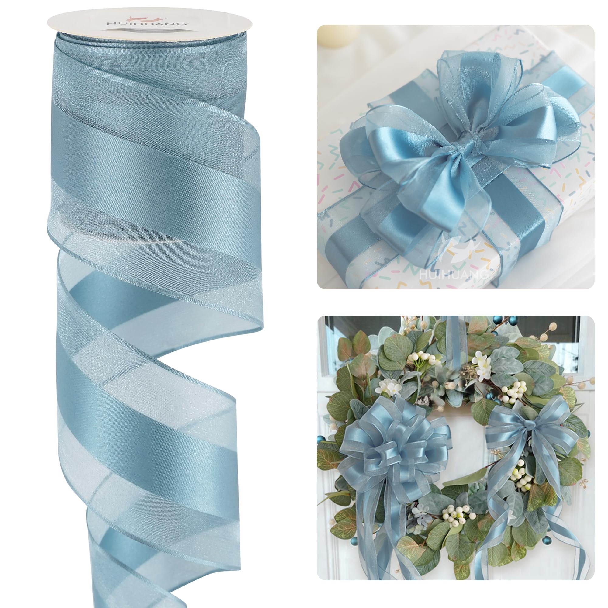 Amazon.com: HUIHUANG Dusty Blue Organza Wired Ribbon with Satin Stripe ...