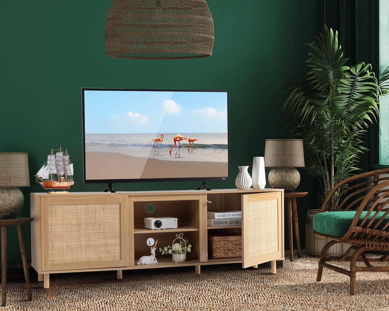 Amazon.com: VINGLI Rattan TV Stand for TVs Up to 75 inch, Boho Modern ...