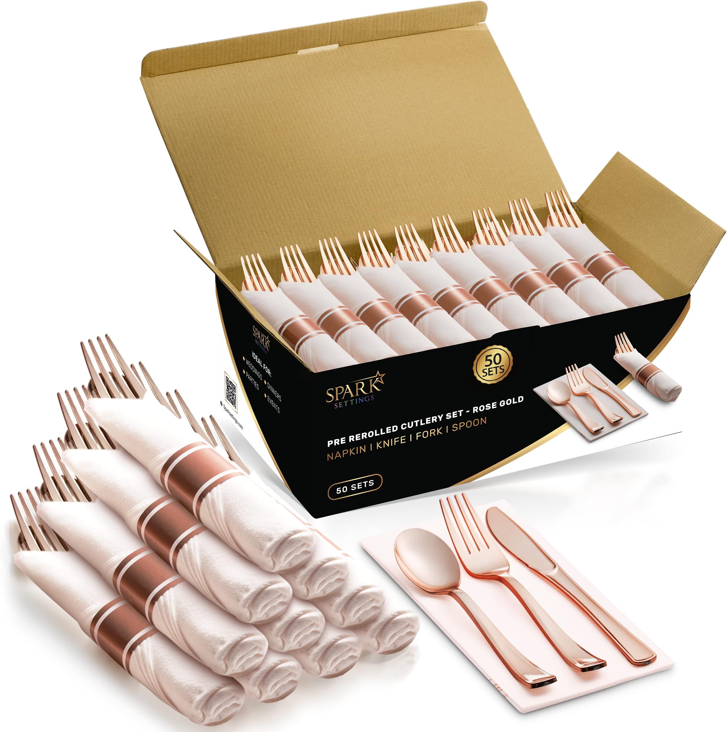 Amazon.com: Rose Gold Plastic Silverware, 50 Pre Rolled Napkin and ...