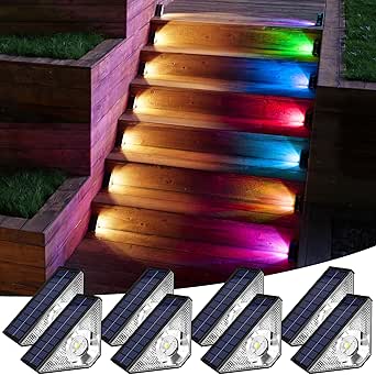 JACKYLED Solar Step Lights, 8 Pack Outdoor Stair Lights Warm White & 7 RGB Triangle Solar Deck ...