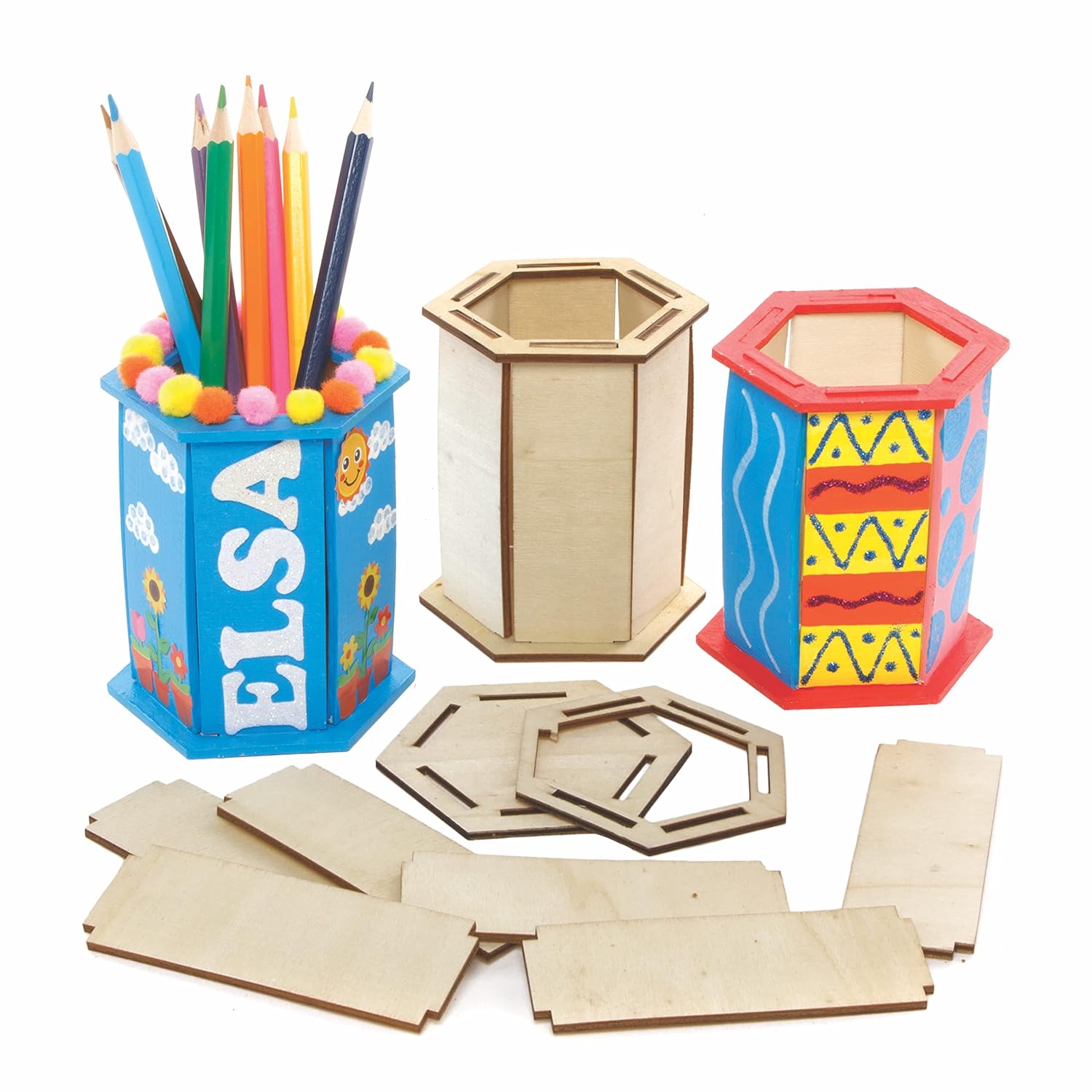 Baker Ross FE522 Hexagon Wooden Pencil Pot Kits - Pack of 3, Pen Holder ...