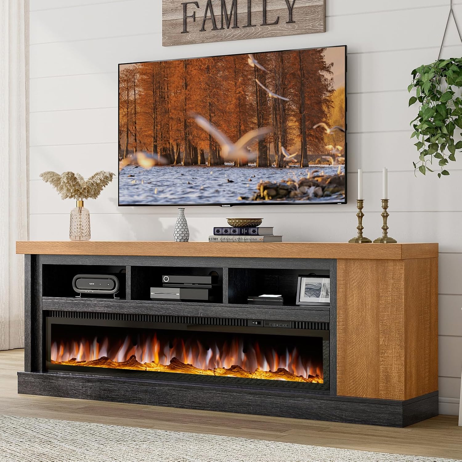 Jocisland 75" Fireplace TV Stand with 60" Glass Electric Fireplace ...