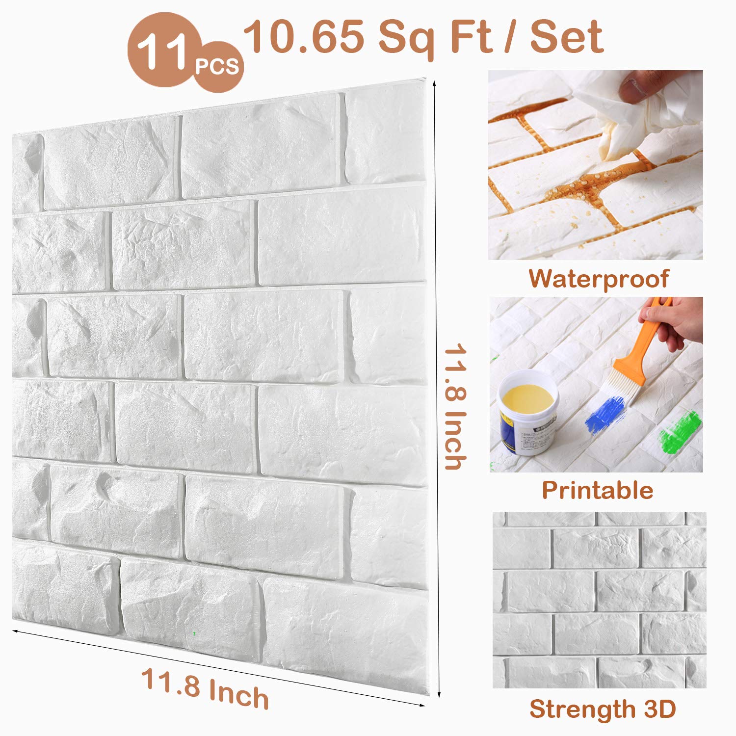 Buy 11 Pcs 3D Wall Panels Peel and Stick, White Brick Printable Faux ...
