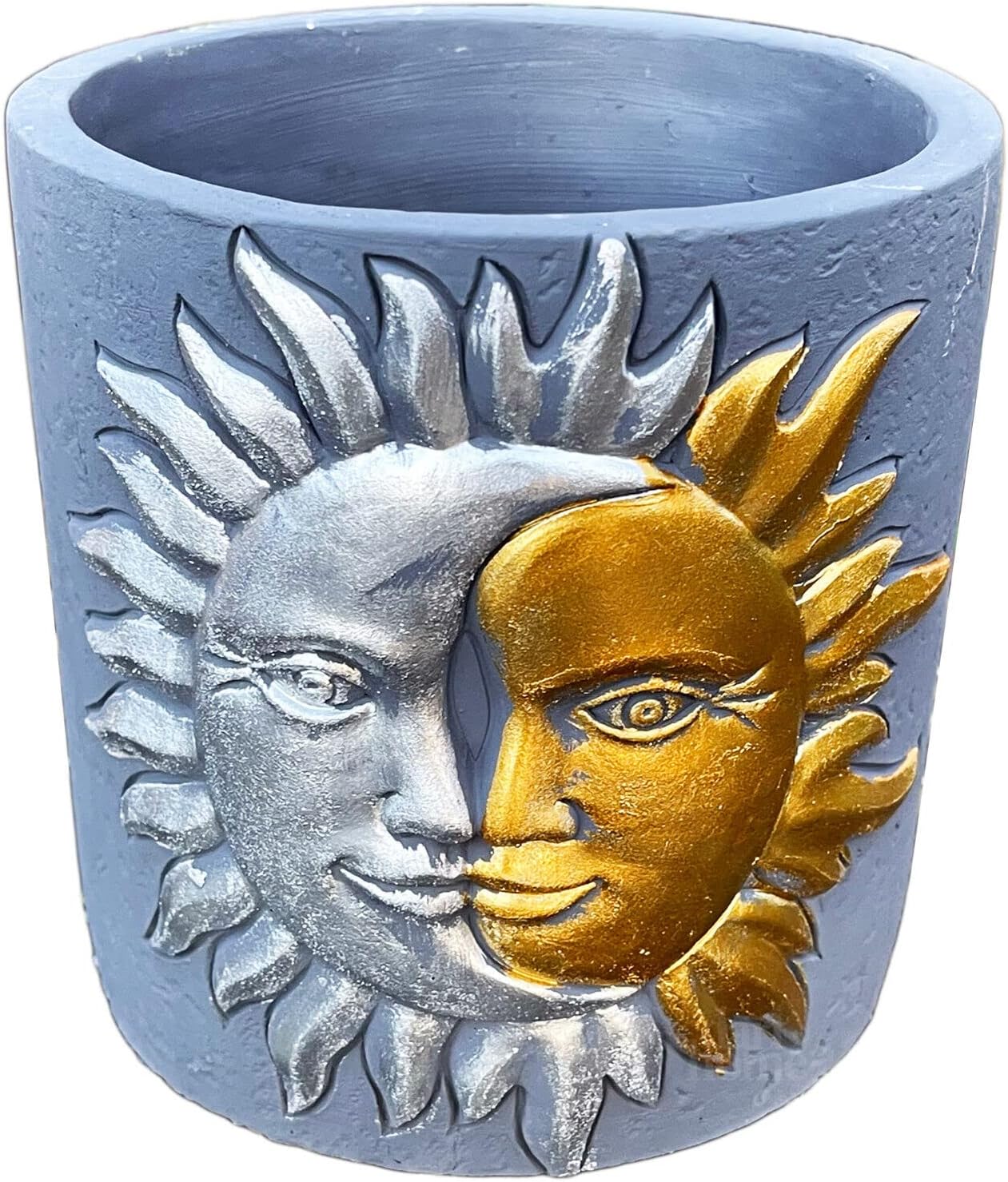 Darthome Sun And Moon Plant Pot Cement Gold Silver Eclipse Faces Round Heavy Planter 14cm ...