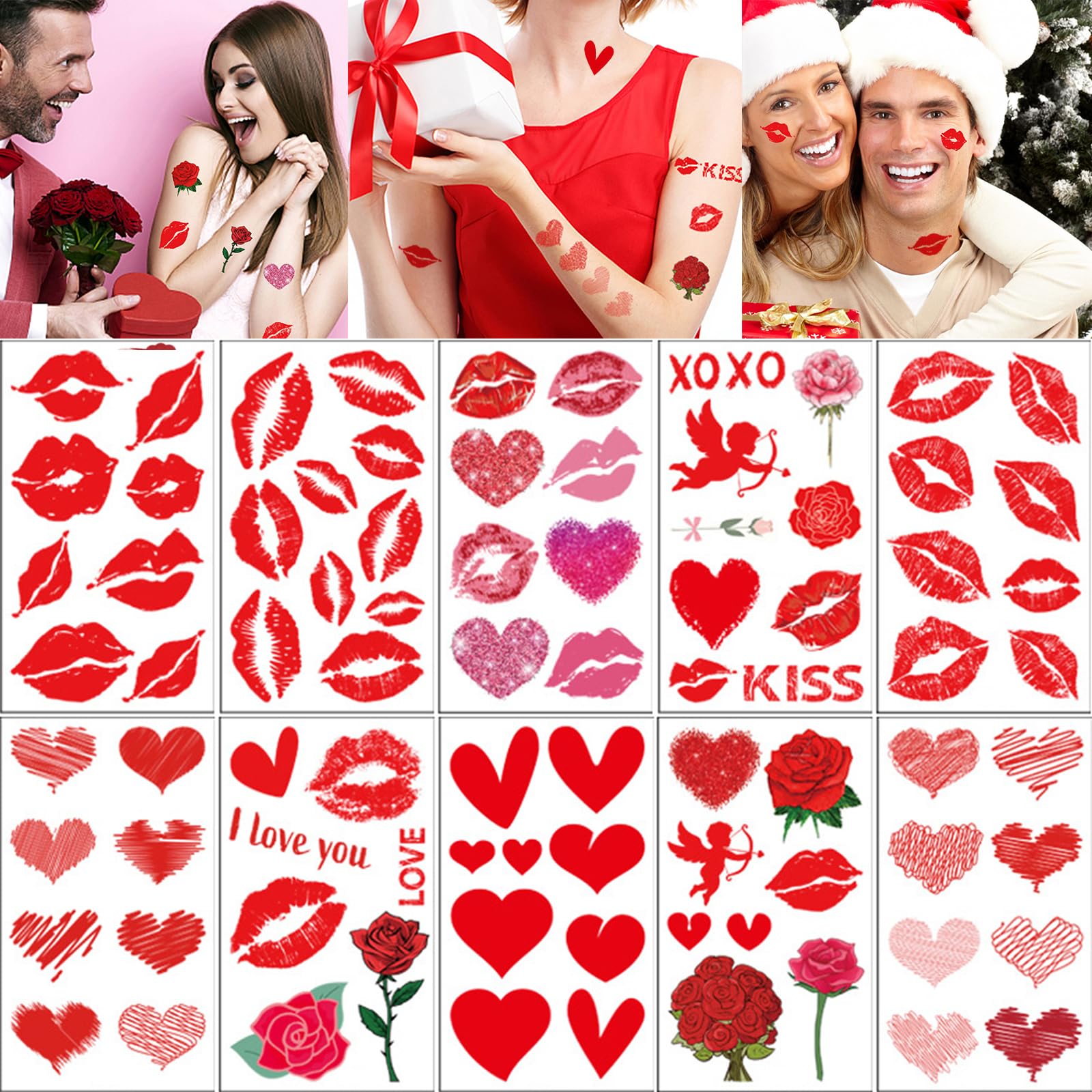 Amazon.com : 84 Pcs Kiss Tattoo Temporary Stickers Red Lips Heart Love ...