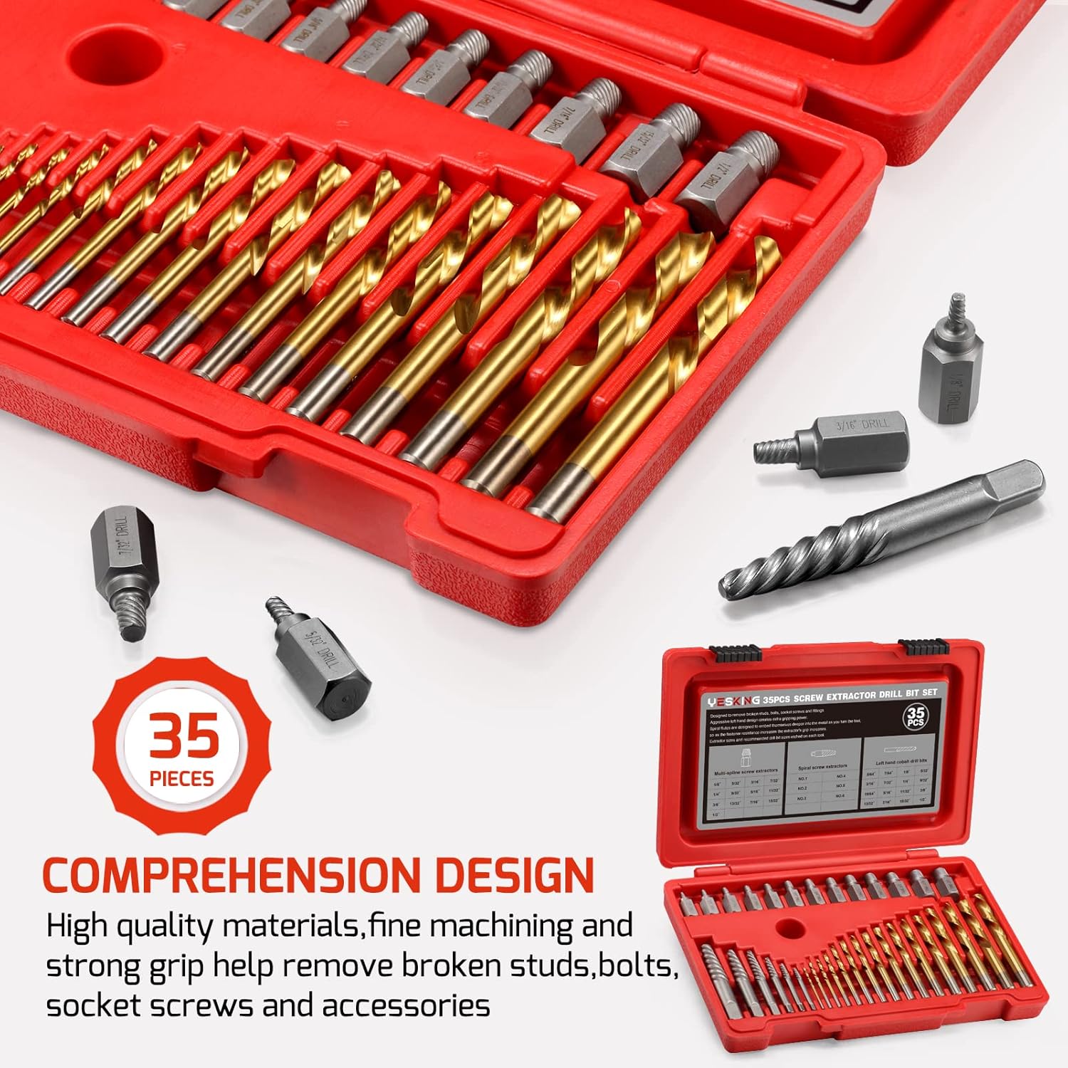 YESKING Juego de 35 extractores de tornillos y brocas, extractores de múltiples estrías ...