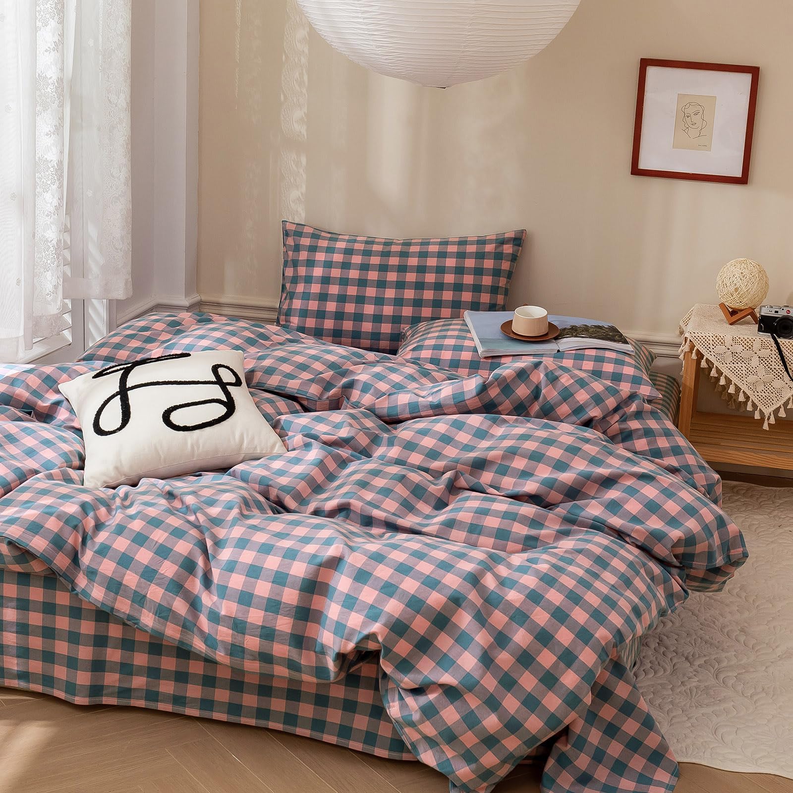 Amazon.com: LifeTB Green Grid Gingham Duvet Cover Queen 3 Pieces Green ...