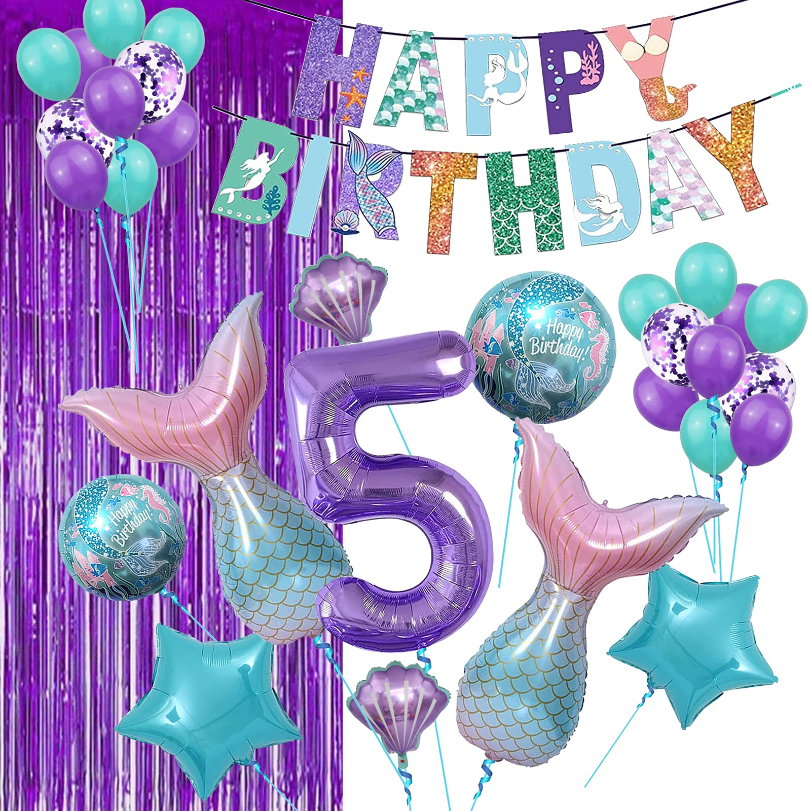 Buy Mermaid 5th Birthday Decorations Girl-Happy Birthaday Banner,Number ...