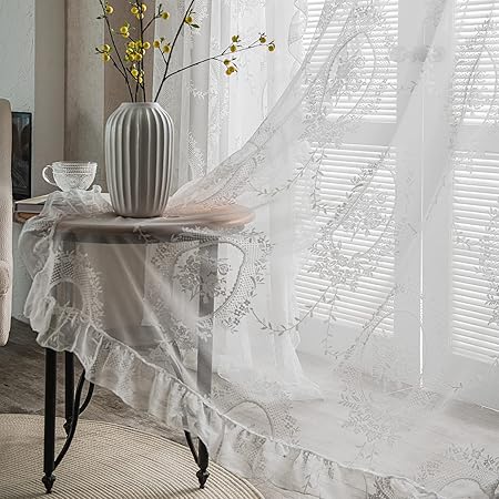 Amazon.com: Deeprove White Lace Curtains 96 Inches Long 2 Panels Set ...