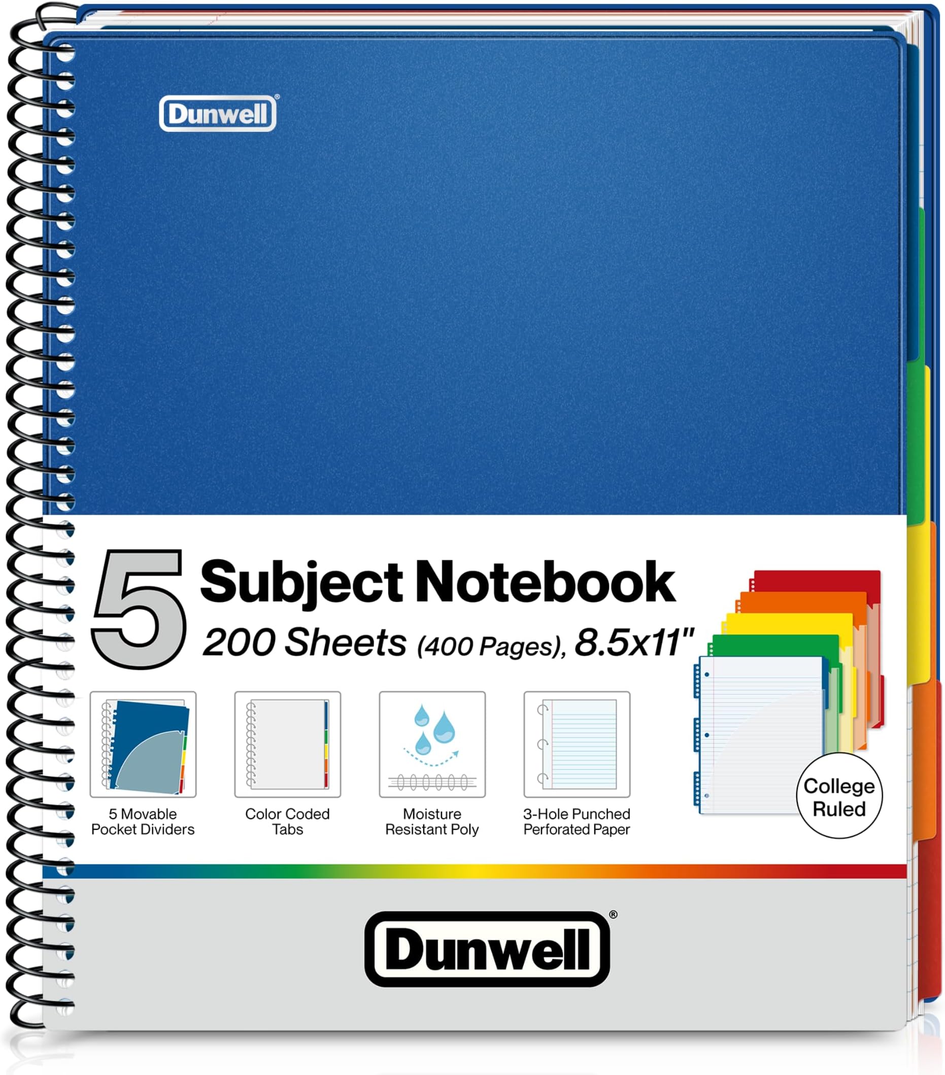 Amazon.com : Dunwell 5-Subject Notebook College Ruled 8.5 x 11 (Blue ...