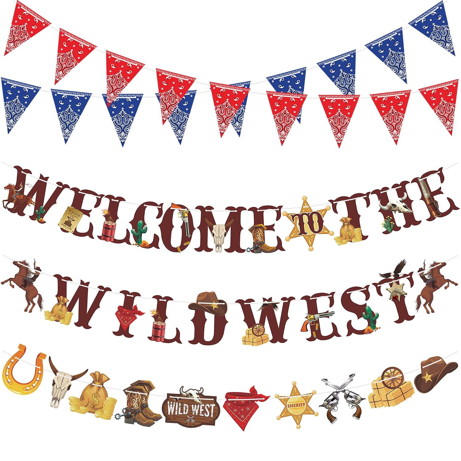 5 PCS Western Party Banners - Wild West Pennant and Cowboy Bandana ...