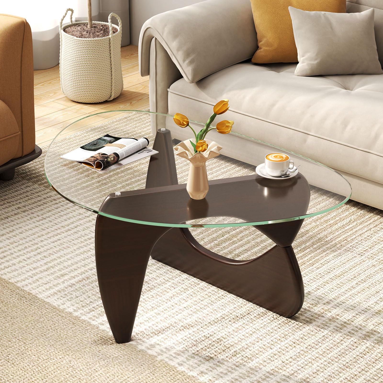 Giantex Triangle Glass Coffee Table, Solid Wood Tea Table with Tempered ...