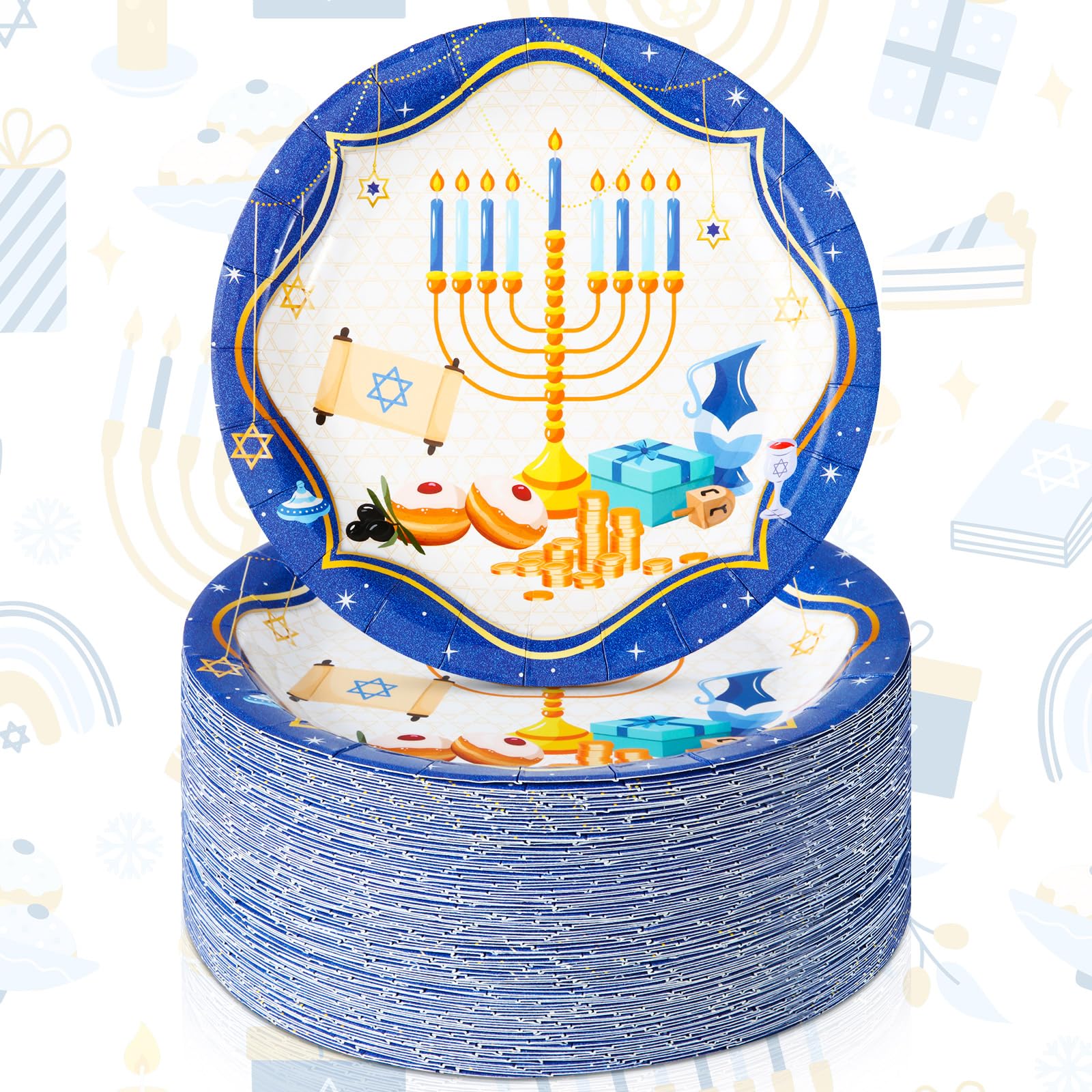 Amazon.com: Layhit 100 Pcs Hanukkah Round Paper Plates 7 Inch Blue and ...