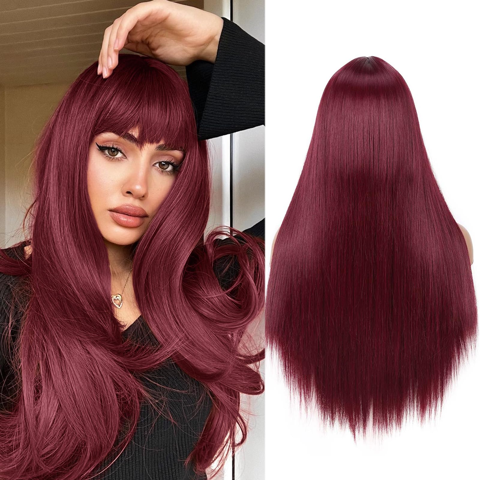 Amazon.com: WIGER Long Wine Red Wigs with Bangs Straight Dark Red Hair ...