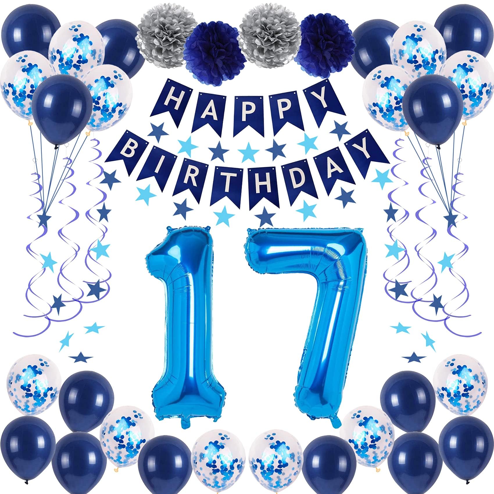 Amazon.com: NANINUNENO 17th Blue Birthday Party Decorations for Boy ...