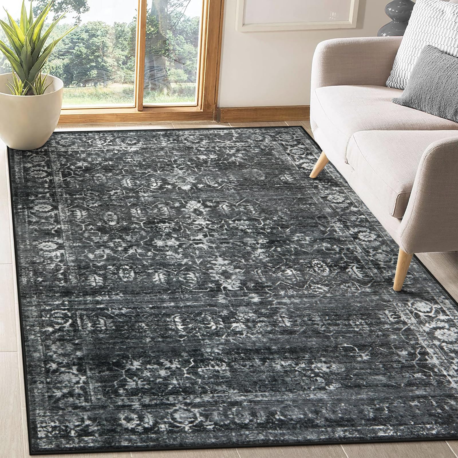 Amazon.com: Morebes Vintage Washable Rugs for Living Room, Black 5x7 ...