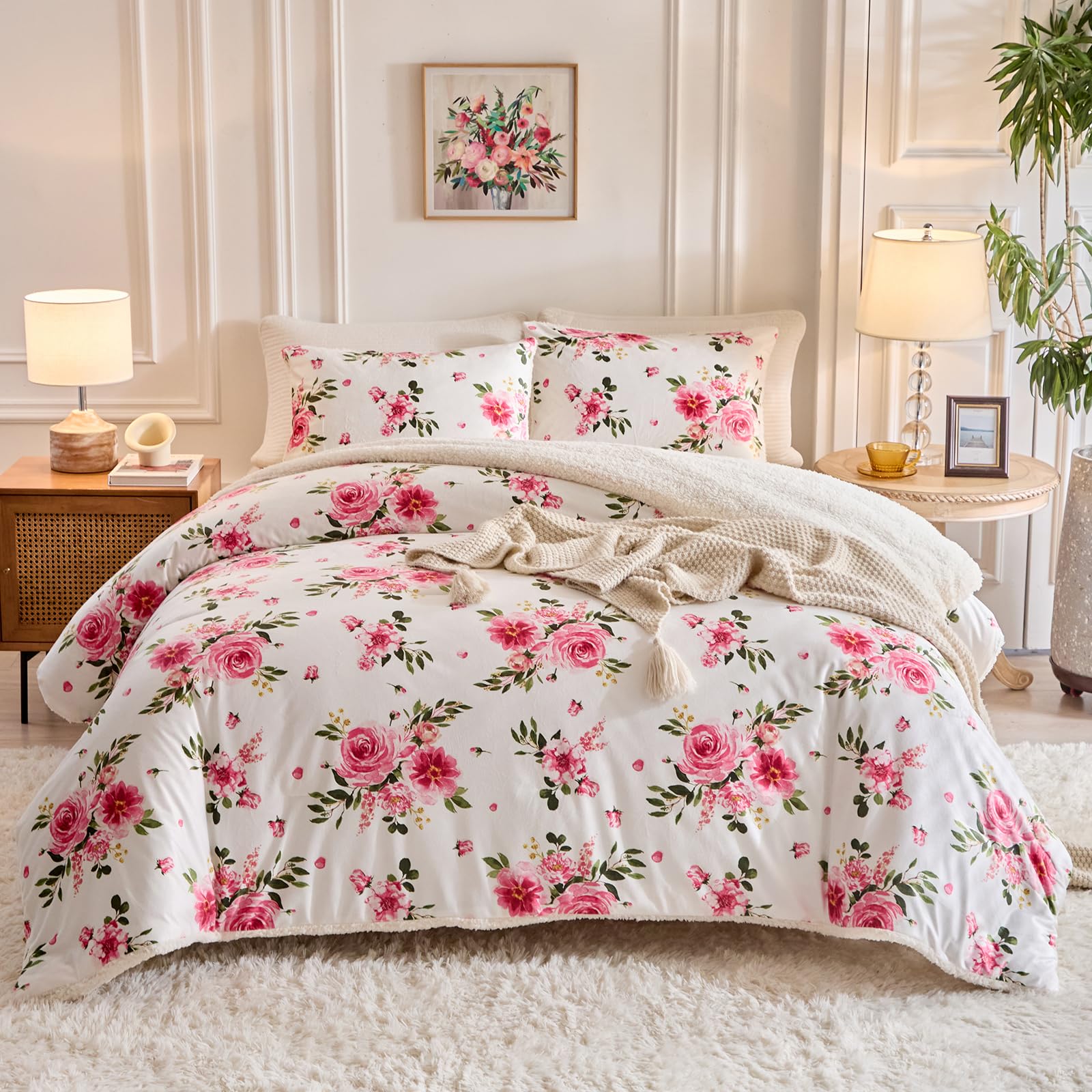 Amazon.com: White Fluffy Flannel Comforter Set with Pink Flower ...