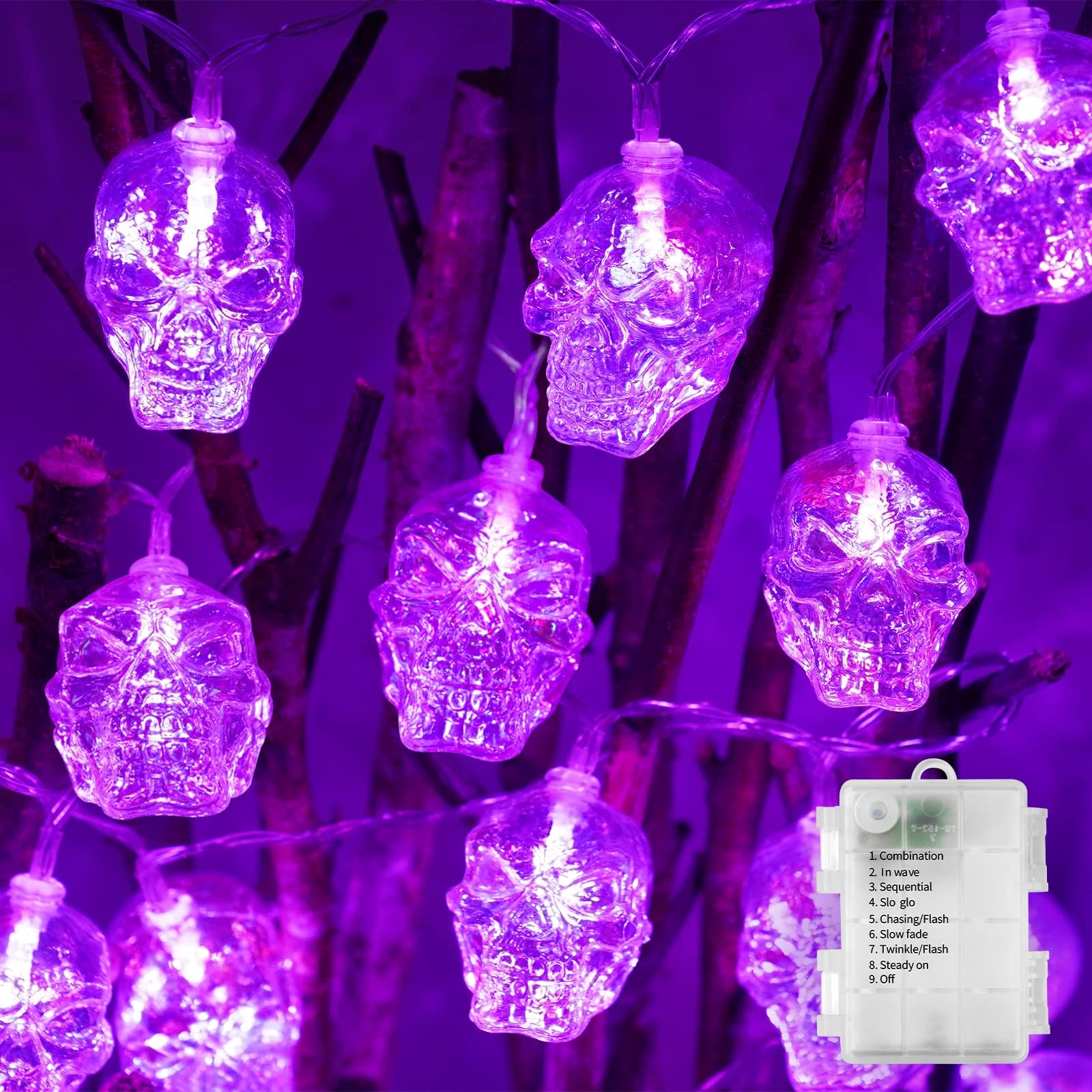 Halloween String Lights, 2 Packs Skull String Lights 30 LED Skull ...