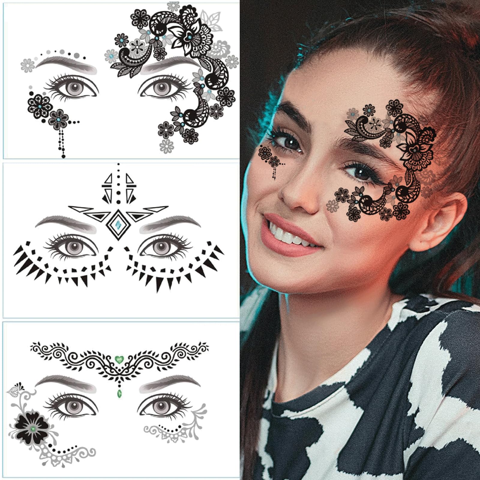 Black Lace Face Tattoos Glittery Face Eye Art Tattoo Sticker Quick