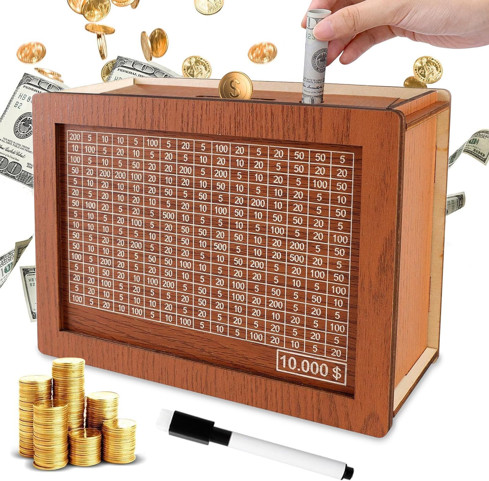 Amazon.com: Cash Vault Wooden Savings Box, Wooden Money Box, Money ...