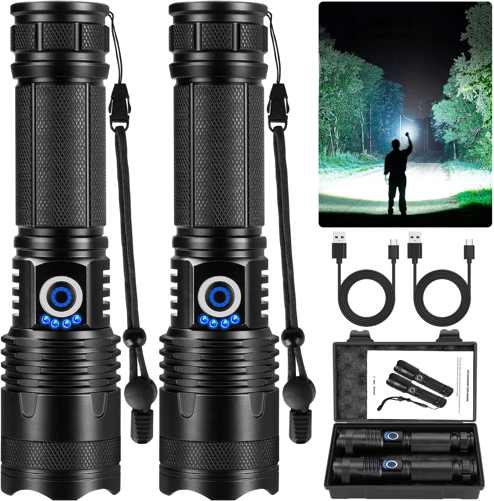 Kmivo Rechargeable Flashlights 90,000 High Lumen, 2 Pack Super Bright ...