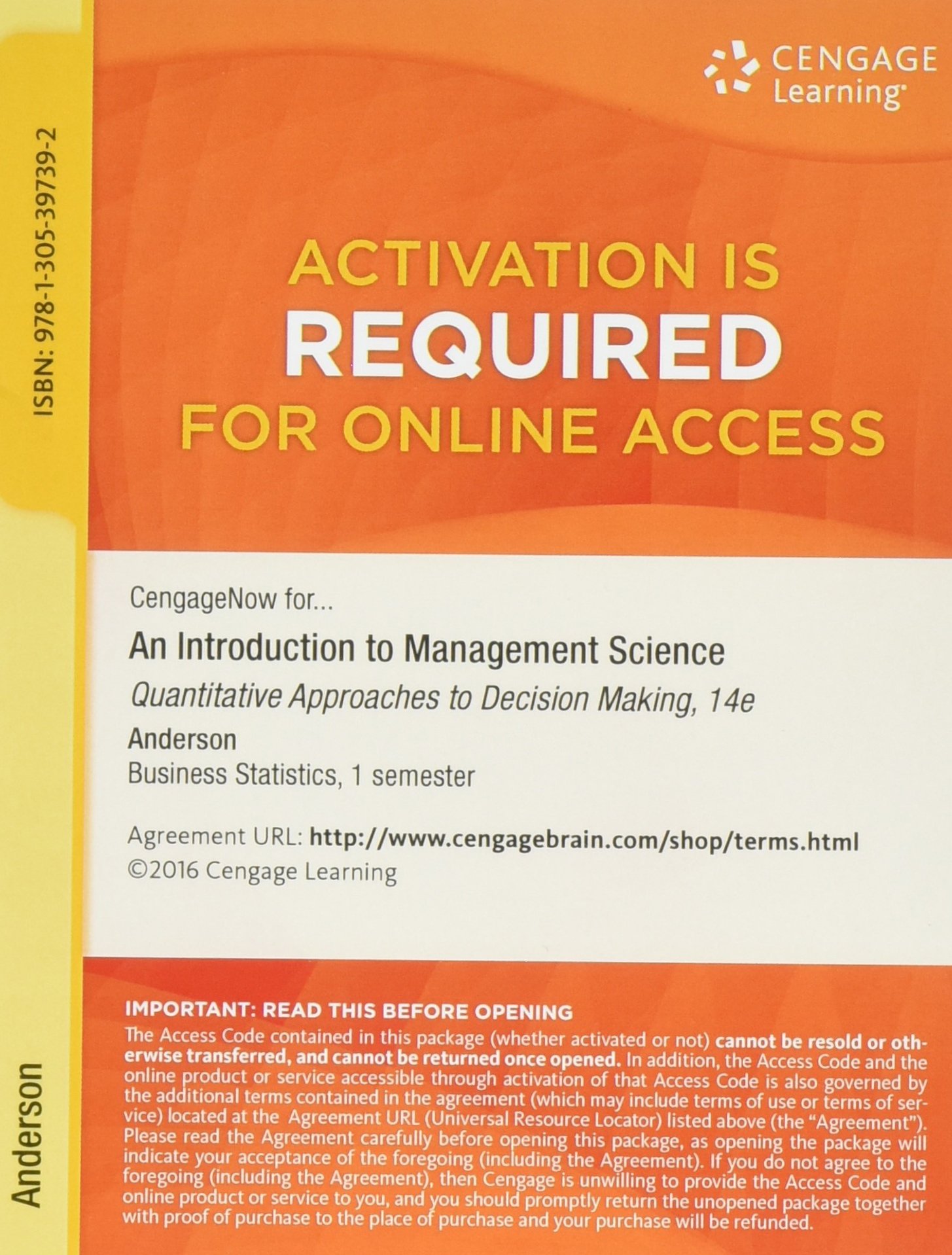 CengageNOW, 1 term (6 months) Printed Access Card for Anderson/Sweeney ...