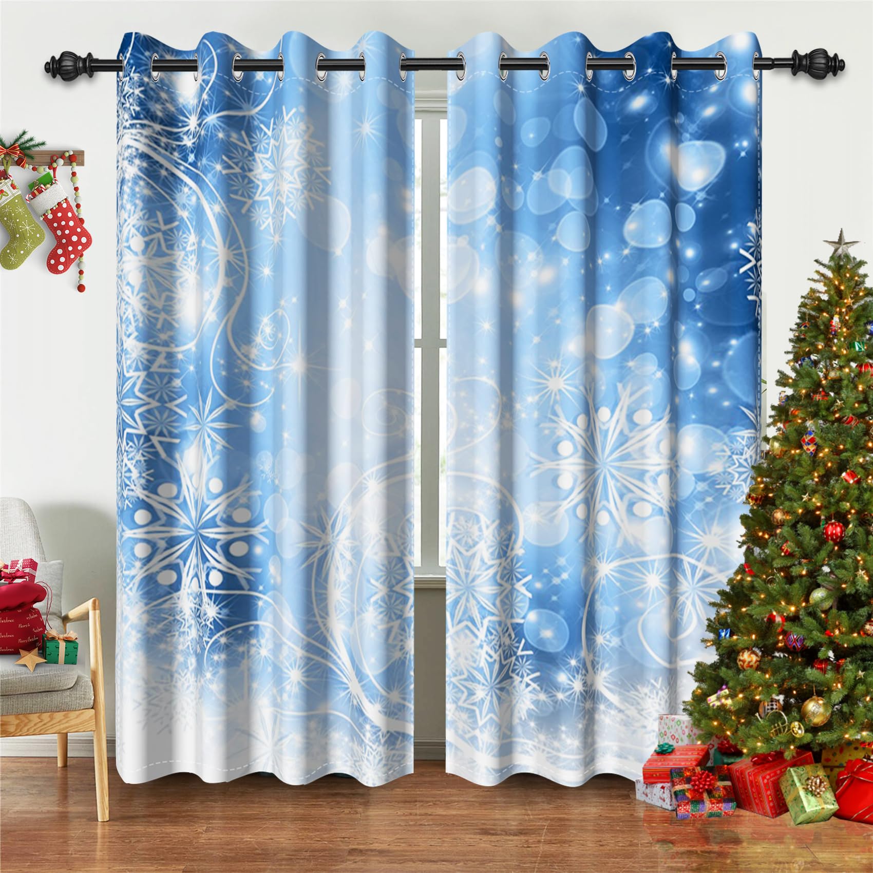 Amazon.com: Renaiss Blue Christmas Blackout Curtains for Bedroom Winter ...