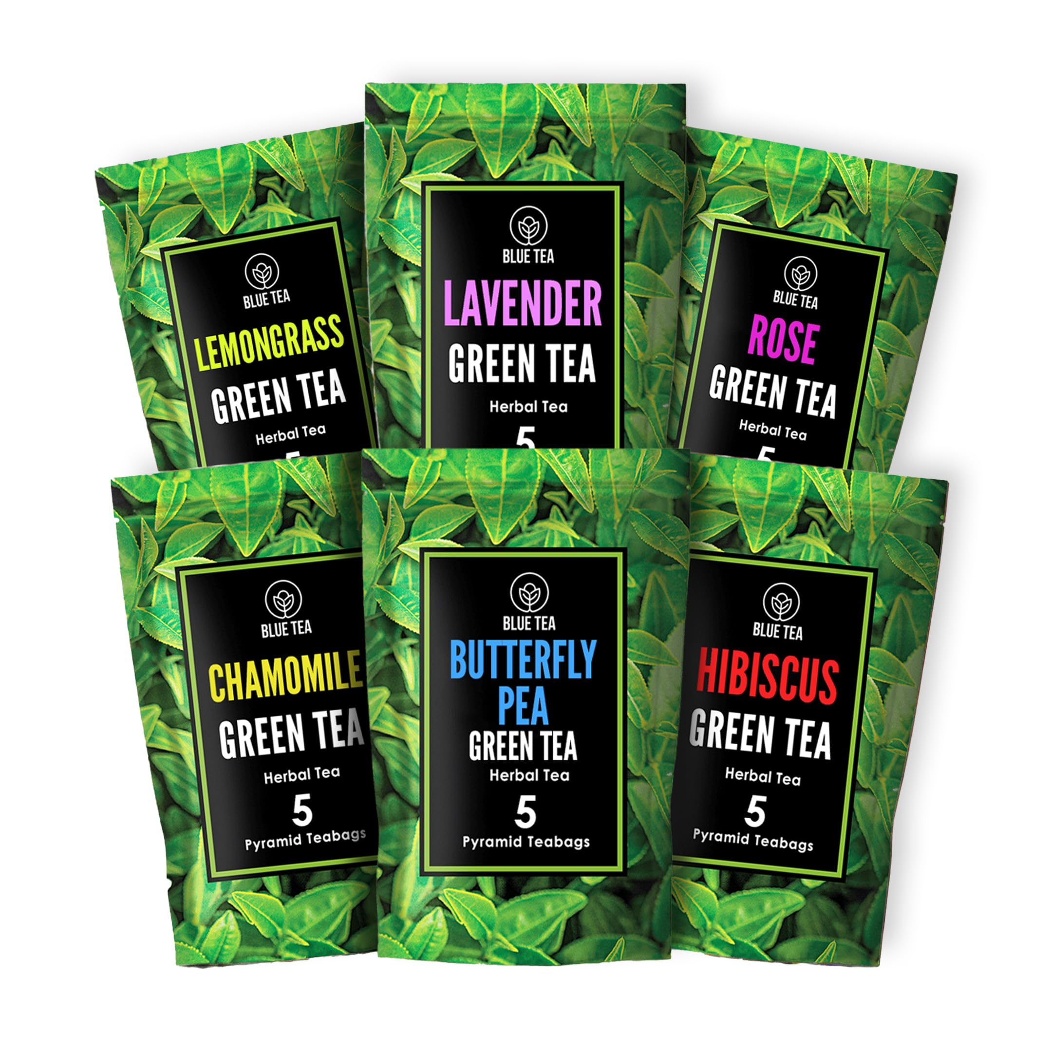 BLUE TEA - Green Tea Sampler Pack (6 Flavors, 30 Plant Based Tea Bags ...