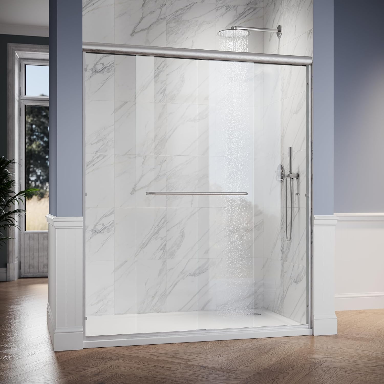 SUNNY Frameless Shower Door Double Sliding Shower Doors 48" W x 72" Shower Enclosure in Brushed ...