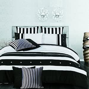 Rezzo Black White Striped Quilt Cover Set Double Size 3pcs Hotel Style ...