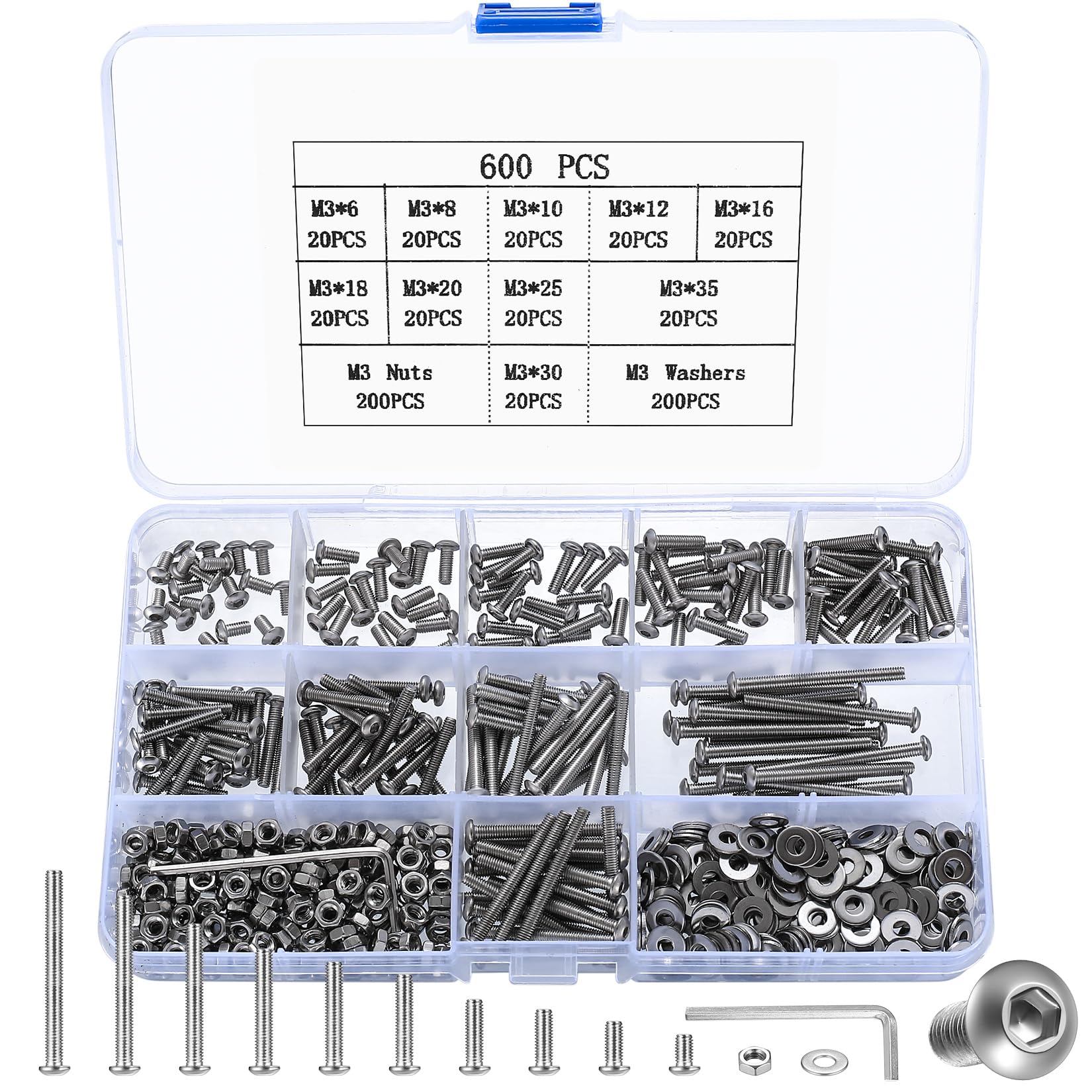 600 Pcs M3 Bolts Set, M3 Nuts and Bolts Set, Hex Socket Button Head Cap ...