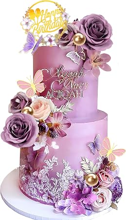 Amazon.com: Flower Cake Topper Purple Cake Decorations with Artificial ...
