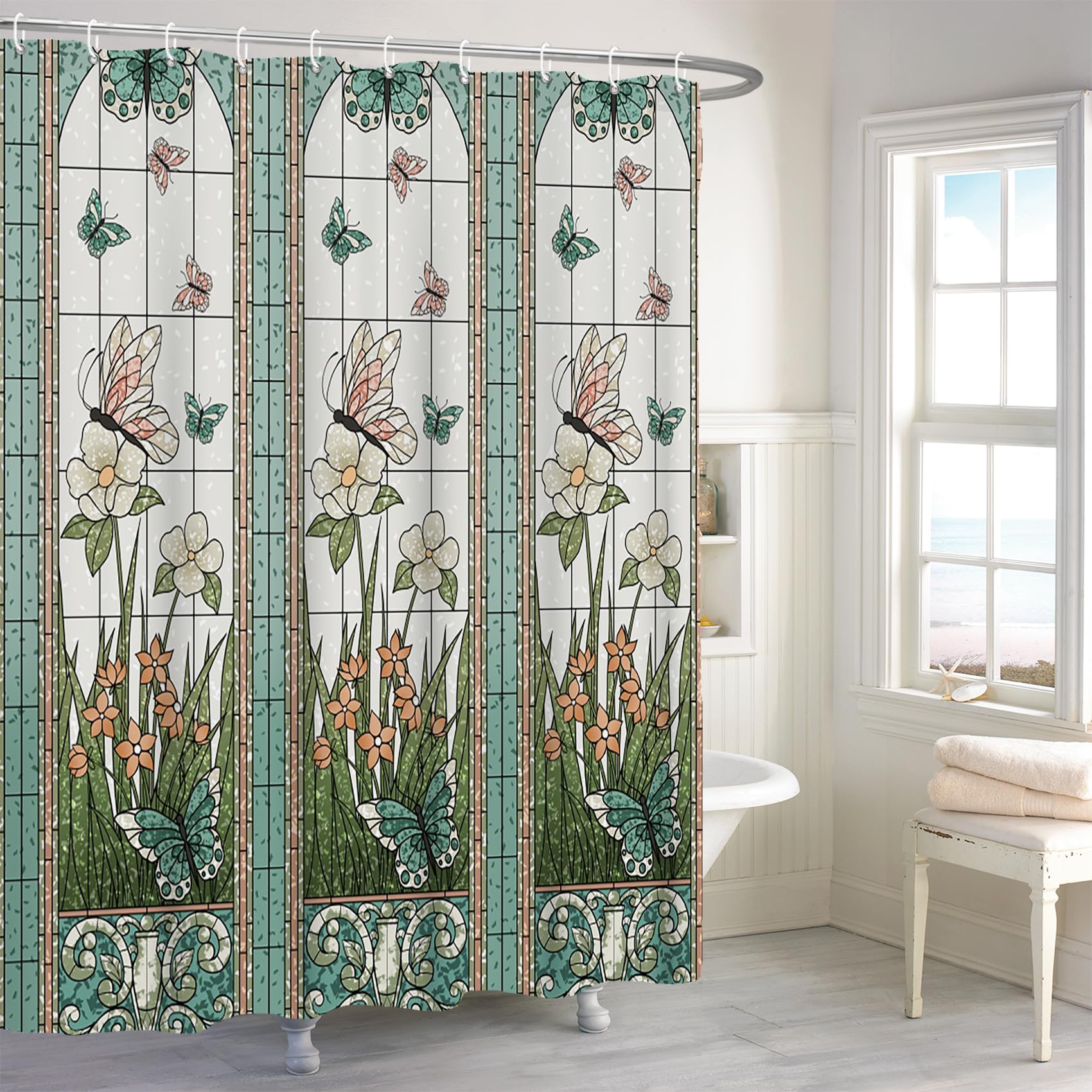 Amazon.com: Yanutan Green Garden Shower Curtain, Colorful Butterfly ...