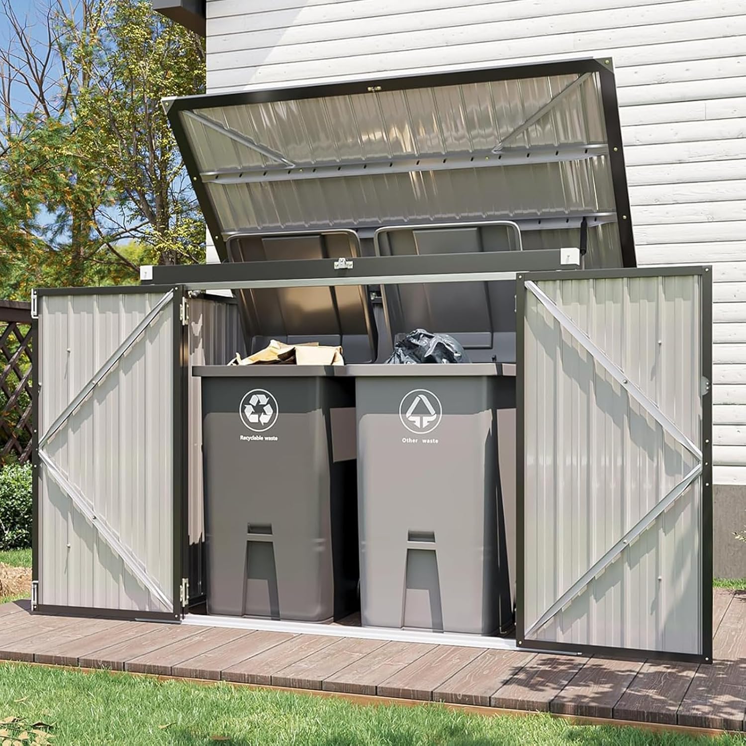 Amazon.com : Aoxun 80 CU.FT Outdoor Storage Shed Metal Trash Can ...